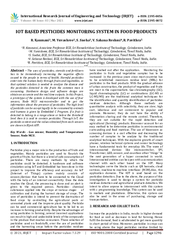 (PDF) IRJET- IOT BASED PESTICIDES MONITORING SYSTEM IN FOOD PRODUCTS