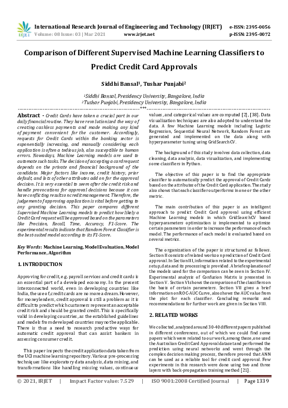 Pdf Irjet Comparison Of Different Supervised Machine Learning