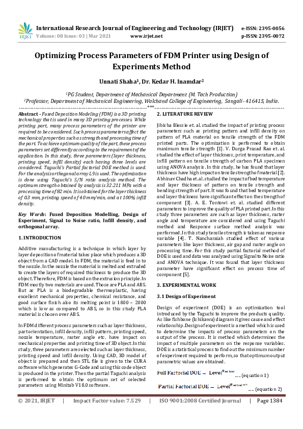 Pdf Irjet Optimizing Process Parameters Of Fdm Printer Using Design Of Experiments Method