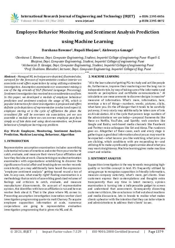(PDF) IRJET- Employee Behavior Monitoring and Sentiment Analysis Prediction using Machine Learning