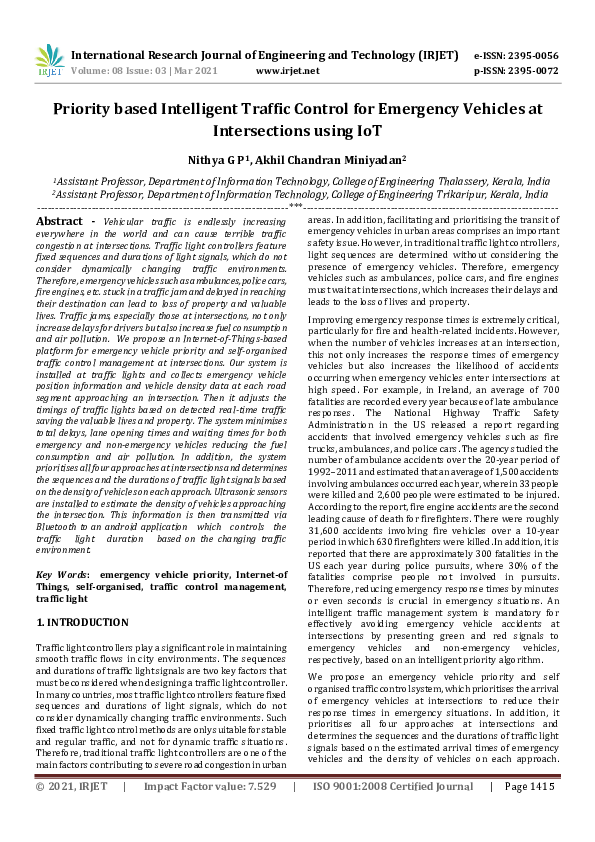 (PDF) IRJET- Priority based Intelligent Traffic Control for Emergency Vehicles at Intersections ...