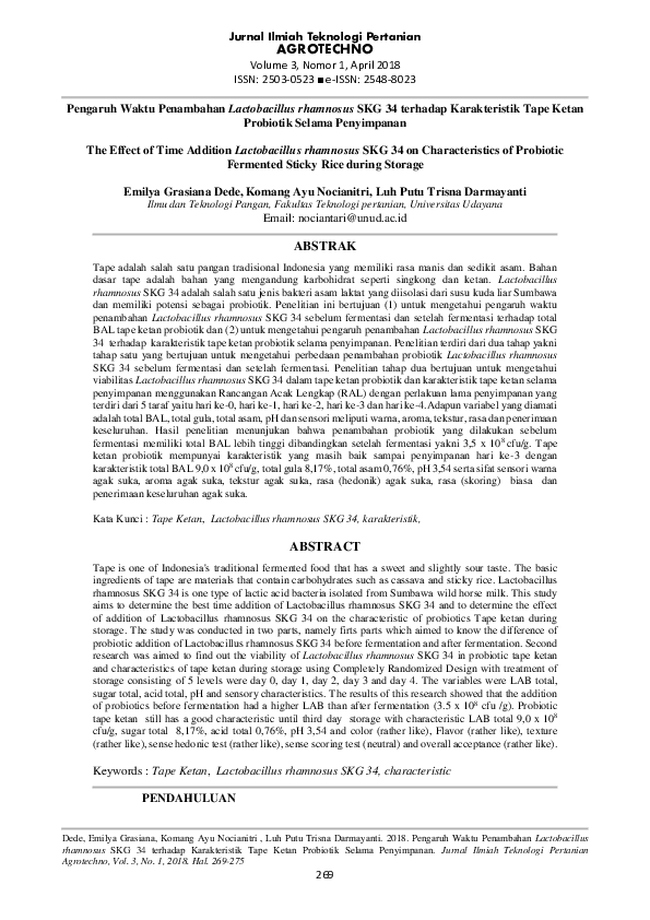 (PDF) Pengaruh Waktu Penambahan Lactobacillus rhamnosus SKG 34 terhadap Karakteristik Tape Ketan ...