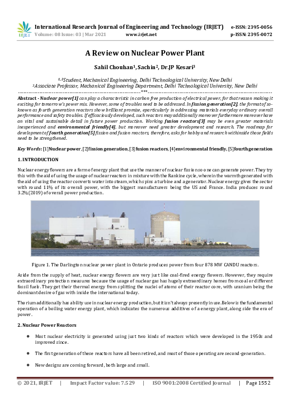 (PDF) IRJET - A Review on Nuclear Power Plant