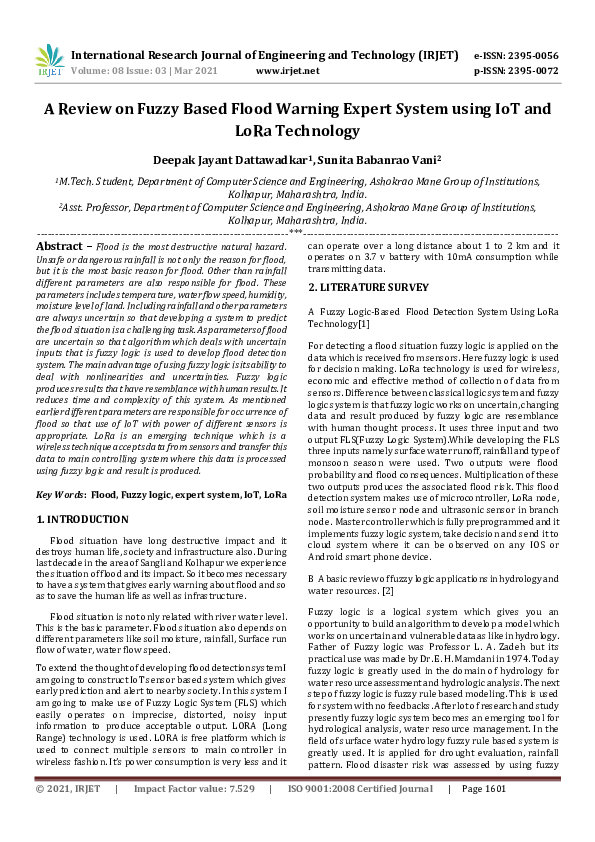 Pdf Irjet A Review On Fuzzy Based Flood Warning Expert System Using Iot And Lora Technology
