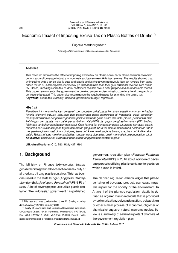 (PDF) Economic Impact of Imposing Excise Tax on Plastic Bottles of Drinks