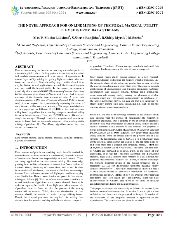 Pdf The Novel Approach For Online Mining Of Temporal Maximal Utility Itemsets From Data Streams