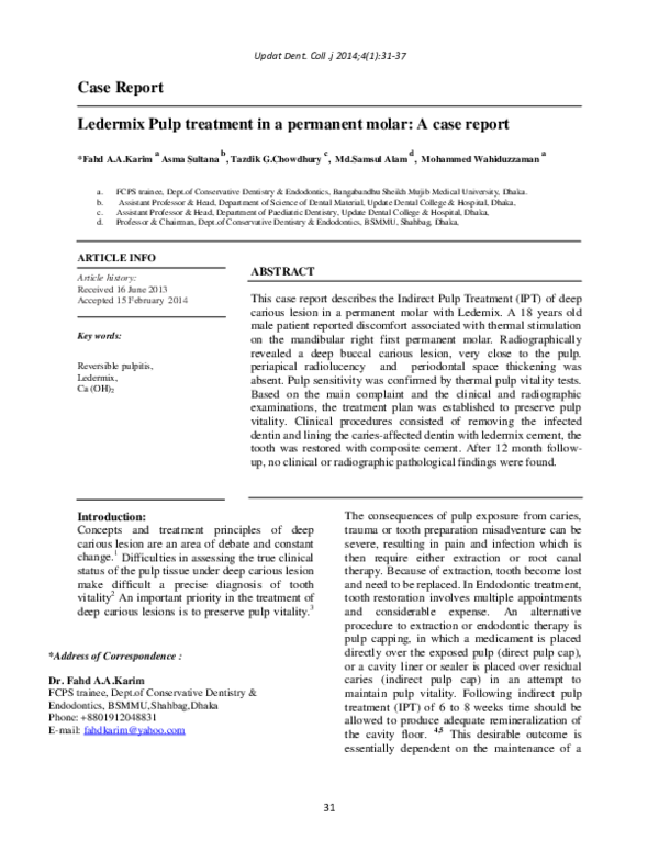 (PDF) Ledermix Pulp treatment in a permanent molar: A case report