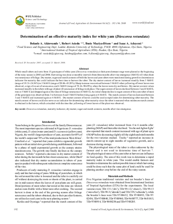 (PDF) Determination of an effective maturity index for white yam ...