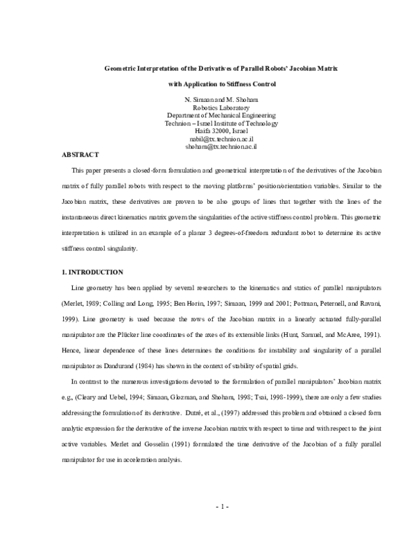 Pdf Geometric Interpretation Of The Derivatives Of Parallel Robots
