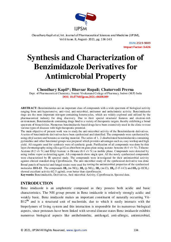 (PDF) Synthesis and Characterization of Benzimidazole Derivatives for Antimicrobial Property