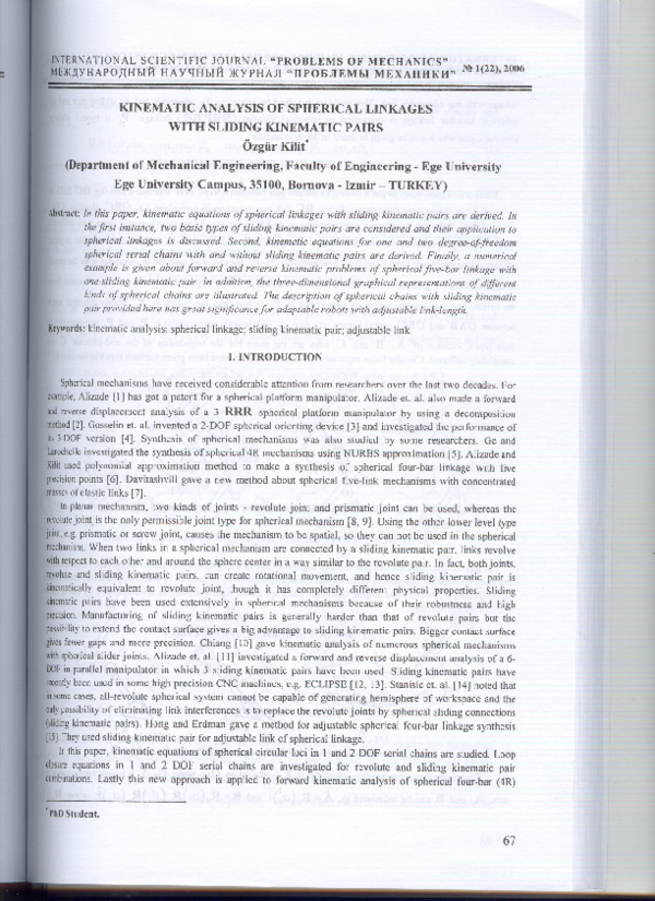 (PDF) Kinematic Analysis of Spherical Linkages with Sliding Kinematic Pairs