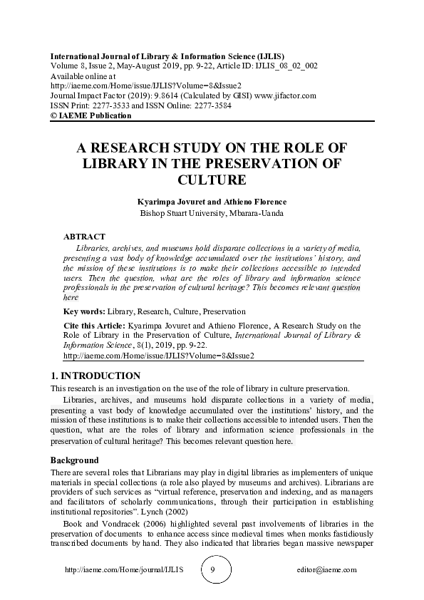 (PDF) A RESEARCH STUDY ON THE ROLE OF LIBRARY IN THE PRESERVATION OF ...