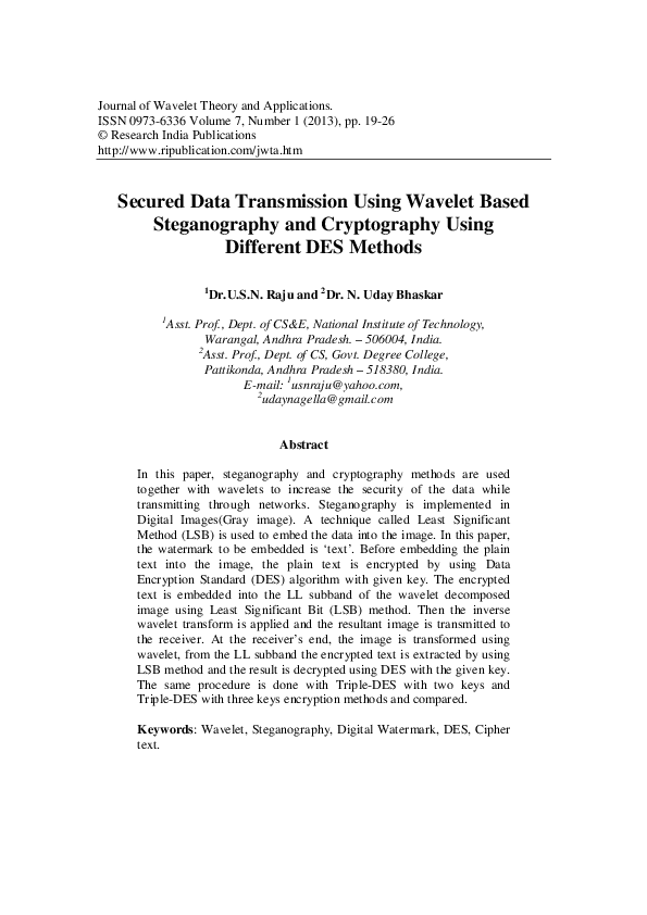(PDF) Secured Data Transmission Using Wavelet Based Steganography and Cryptography Using ...