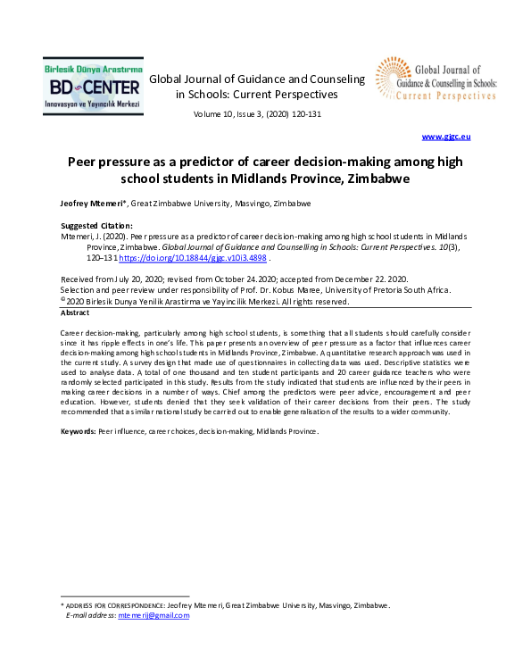 (PDF) Peer pressure as a predictor of career decision-making among high ...