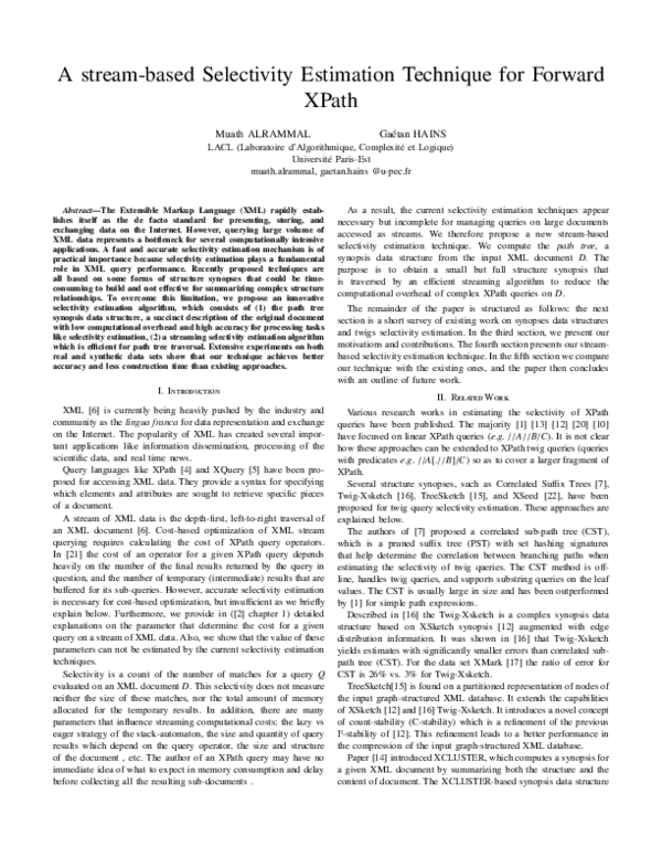 (PDF) A stream-based selectivity estimation technique for forward XPath