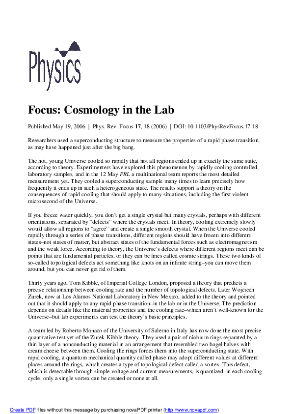 (PDF) Physics - Cosmology in the Lab