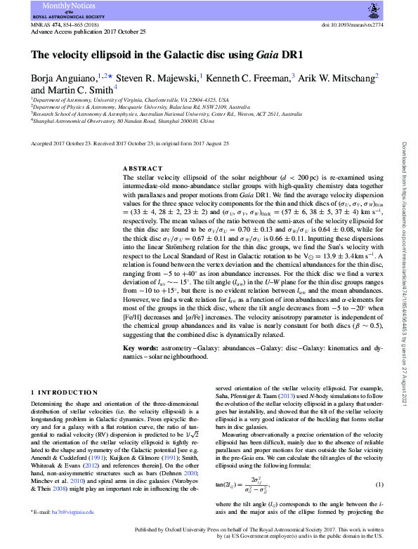 (PDF) The velocity ellipsoid in the Galactic disc using Gaia DR1