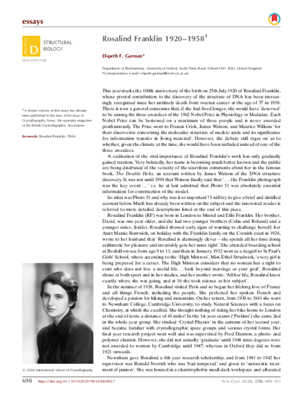 (PDF) Rosalind Franklin 1920–1958