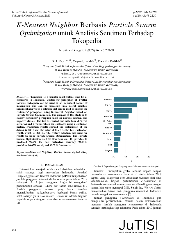 Pdf K Nearest Neighbor Berbasis Particle Swarm Optimization Untuk Analisis Sentimen Terhadap