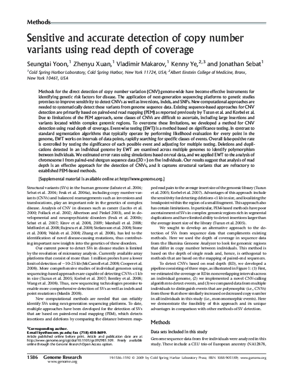 Pdf Sensitive And Accurate Detection Of Copy Number Variants Using Read Depth Of Coverage