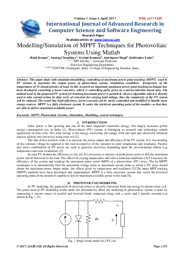 Pdf Modellingsimulation Of Mppt Techniques For Photovoltaic Systems Using Matlab