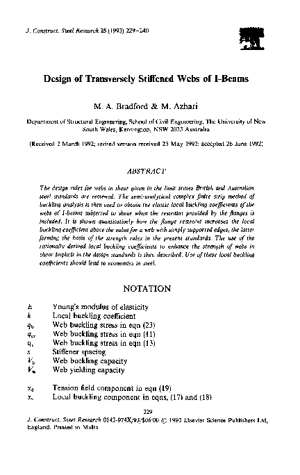 (PDF) Design of transversely stiffened webs of I-beams