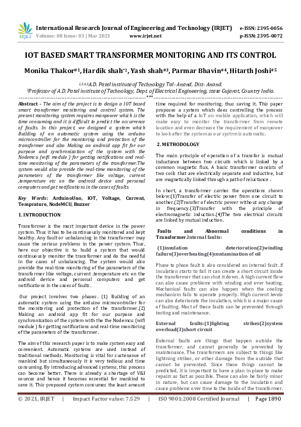 (PDF) IRJET- IOT BASED SMART TRANSFORMER MONITORING AND ITS CONTROL