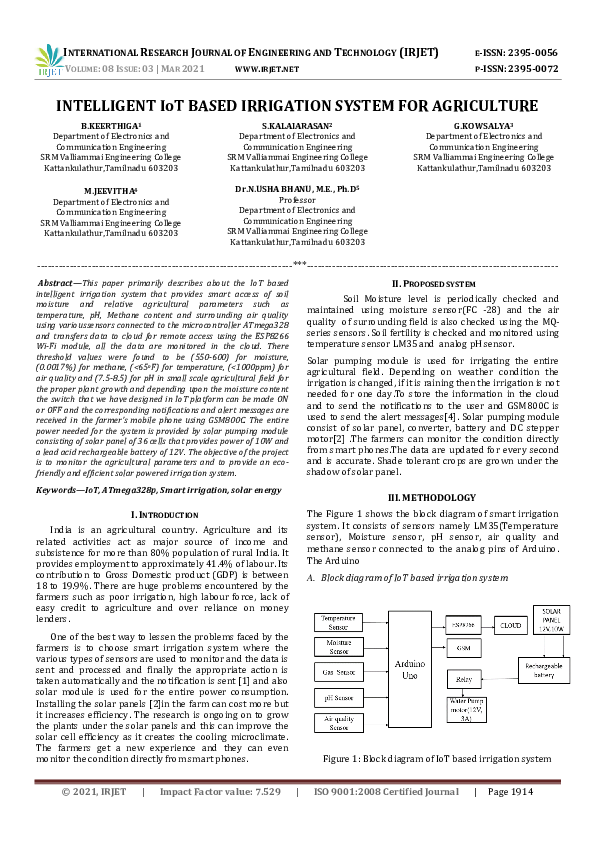 (PDF) IRJET- Intelligent IoT Based Irrigation System for Agriculture (PDF) IRJET- Intelligent IoT Based Irrigation System for Agriculture