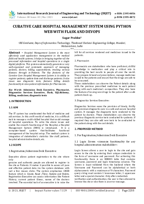 (PDF) IRJET- CURATIVE CARE HOSPITAL MANAGEMENT SYSTEM USING PYTHON WEB ...