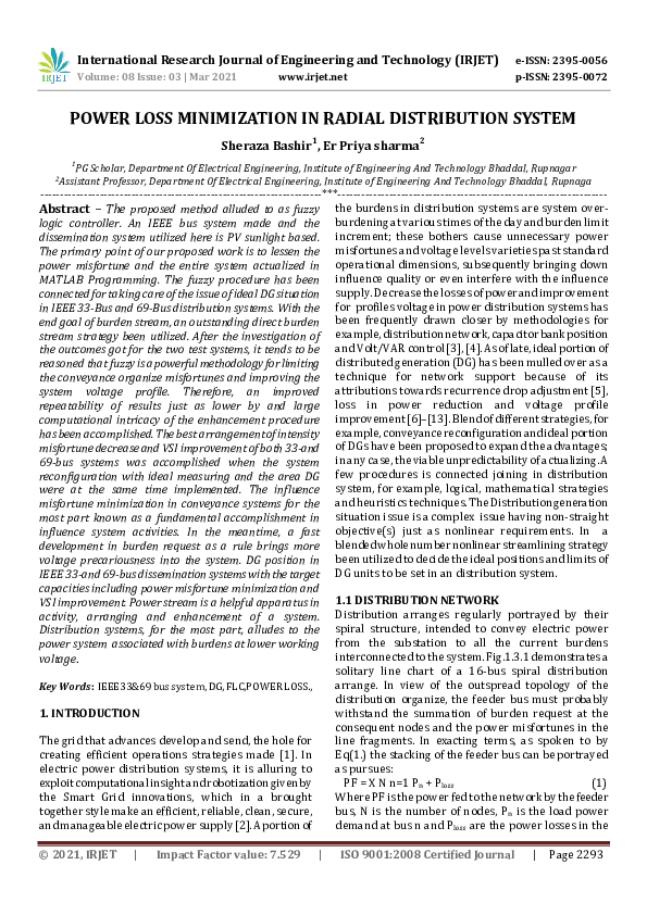 (PDF) IRJET- POWER LOSS MINIMIZATION IN RADIAL DISTRIBUTION SYSTEM (PDF) IRJET- POWER LOSS MINIMIZATION IN RADIAL DISTRIBUTION SYSTEM