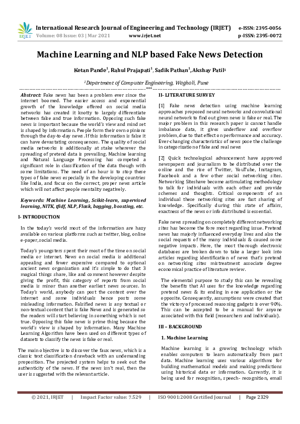 Pdf Irjet Machine Learning And Nlp Based Fake News Detection