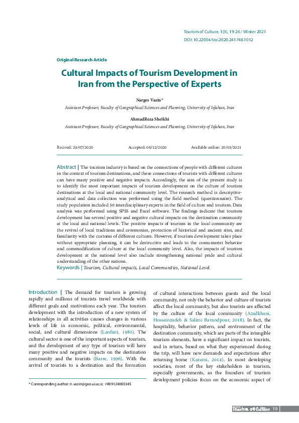 (PDF) Cultural Impacts of Tourism Development in Iran from the ...