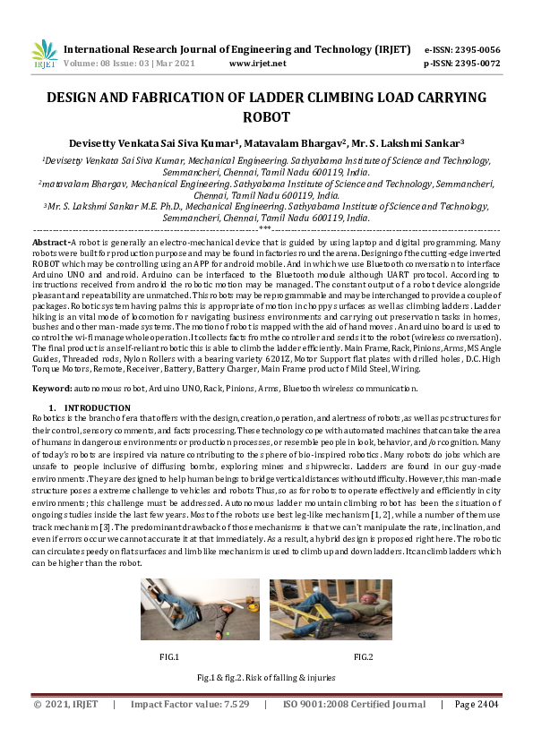 (PDF) IRJET- DESIGN AND FABRICATION OF LADDER CLIMBING LOAD CARRYING ROBOT