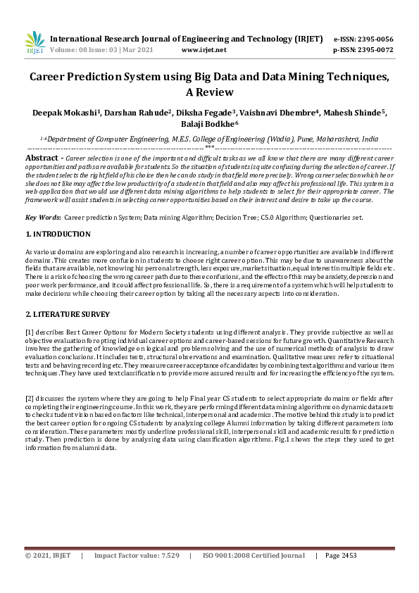 (PDF) IRJET- Career Prediction System using Big Data and Data Mining ...