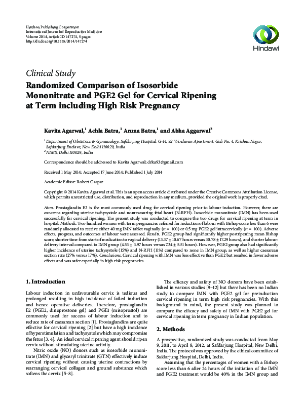 (PDF) Randomized Comparison of Isosorbide Mononitrate and PGE2 Gel for ...