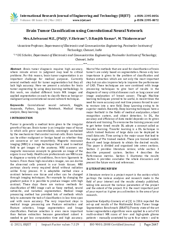 (PDF) IRJET- Brain Tumor Classification using Convolutional Neural Network
