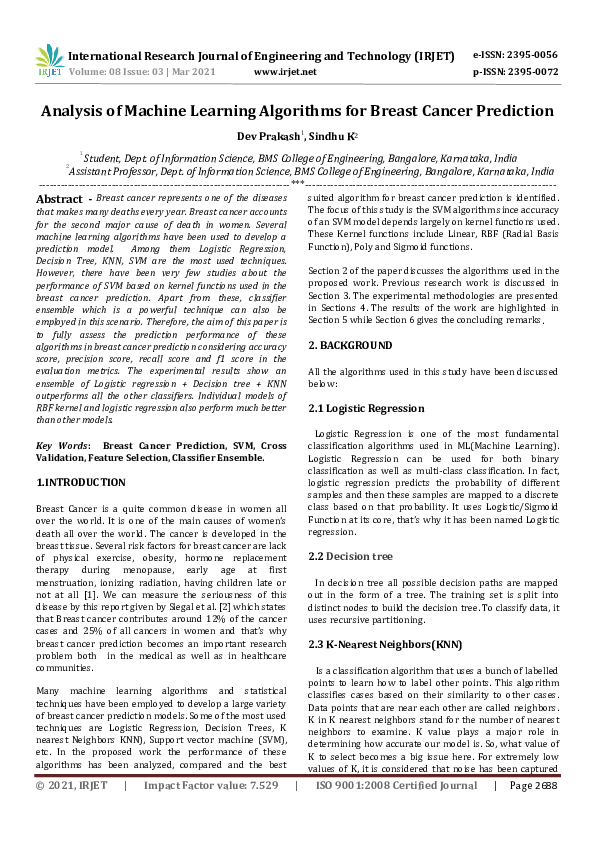 (PDF) IRJET- Analysis of Machine Learning Algorithms for Breast Cancer ...