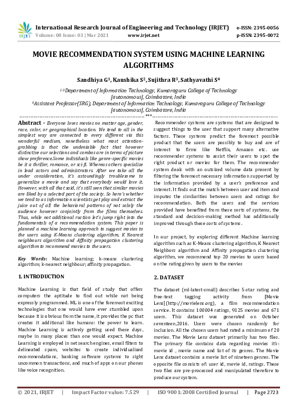 (PDF) IRJET- MOVIE RECOMMENDATION SYSTEM USING MACHINE LEARNING ALGORITHMS