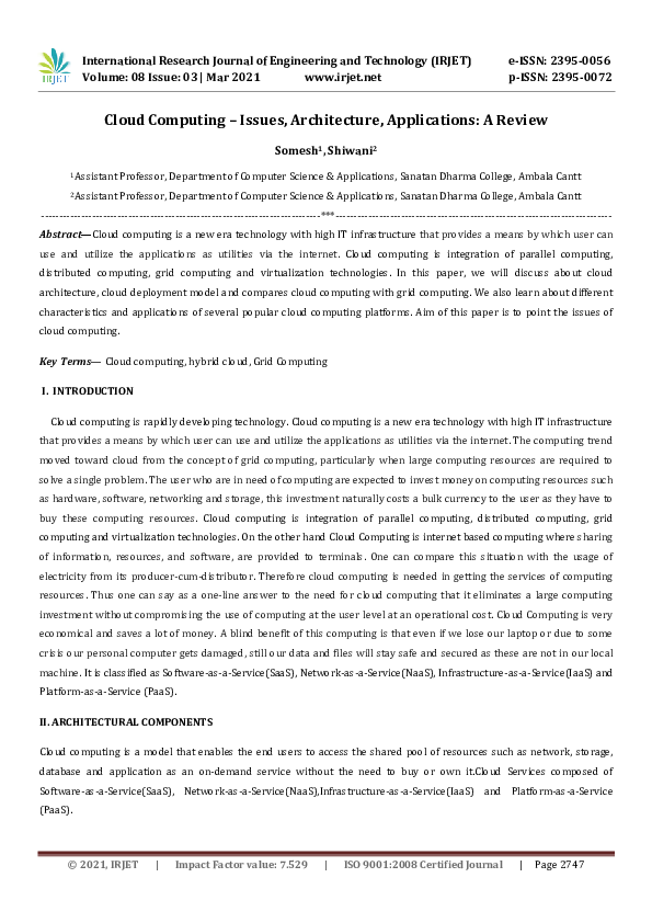 (PDF) IRJET- Cloud Computing -Issues, Architecture, Applications: A Review