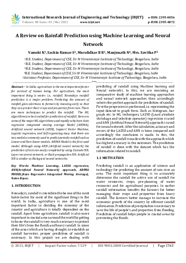 Pdf A Review On Rainfall Prediction Using Machine Learning And Neural