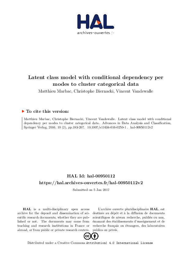 (PDF) Latent class model with conditional dependency per modes to cluster categorical data ...