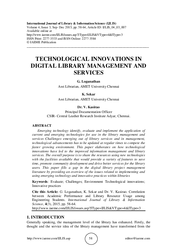 (PDF) TECHNOLOGICAL INNOVATIONS IN DIGITAL LIBRARY MANAGEMENT AND SERVICES