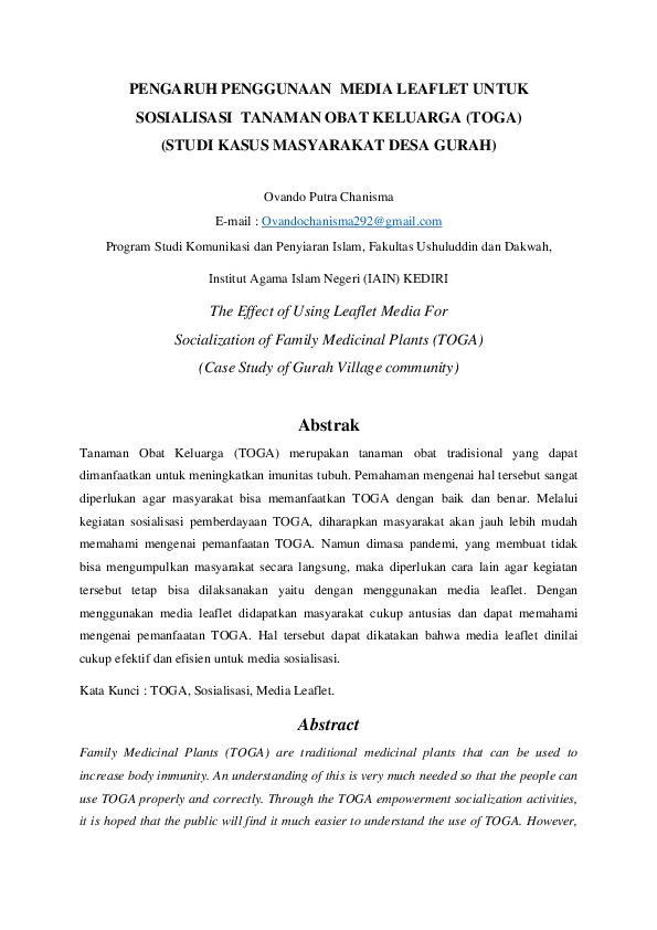 (PDF) PENGARUH PENGGUNAAN MEDIA LEAFLET UNTUK SOSIALISASI TANAMAN OBAT ...
