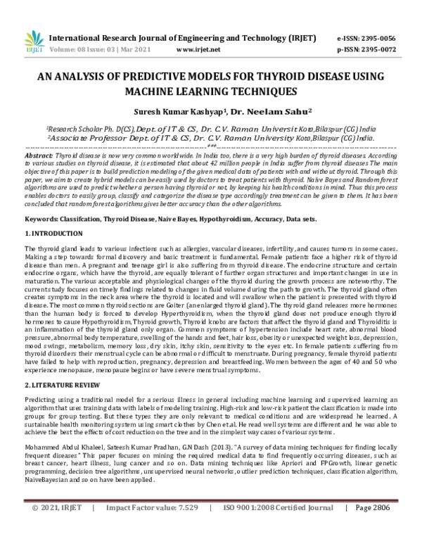 (PDF) IRJET- AN ANALYSIS OF PREDICTIVE MODELS FOR THYROID DISEASE USING ...