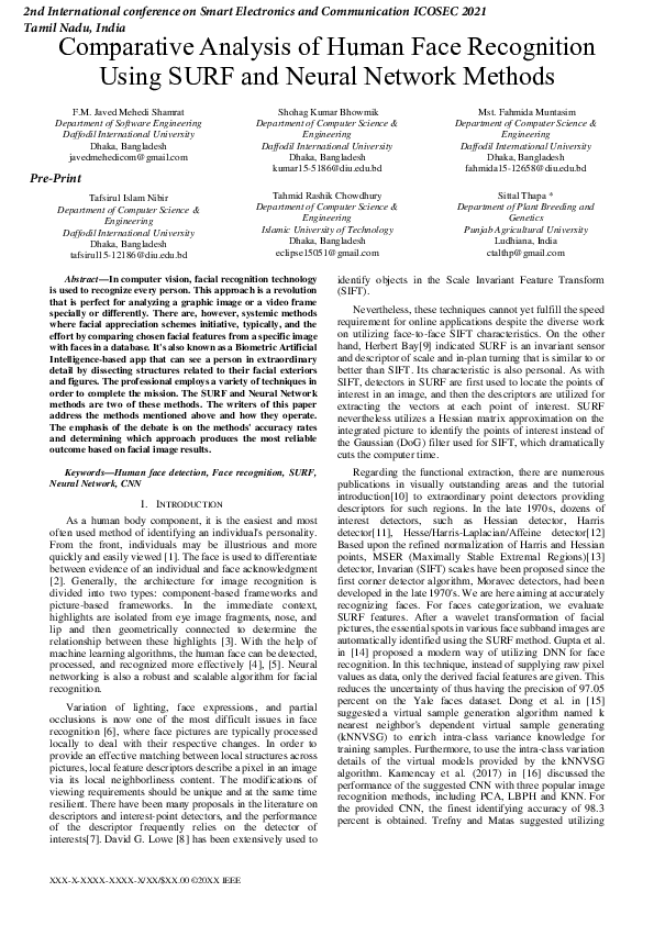 Pdf Comparative Analysis Of Human Face Recognition Using Surf And Neural Network Methods