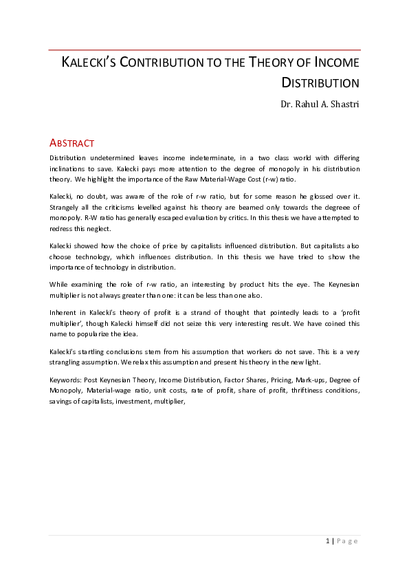 (PDF) Kalecki's Contribution to the Theory of Income Distribution