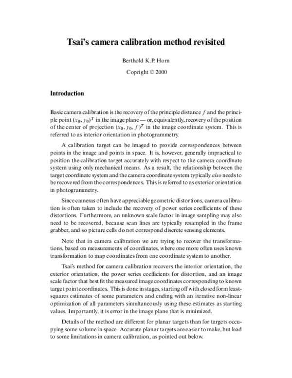 Pdf Tsais Camera Calibration Method Revisited