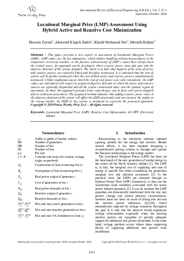 (PDF) Locational Marginal Price (LMP) Assessment Using Hybrid Active and Reactive Cost Minimization