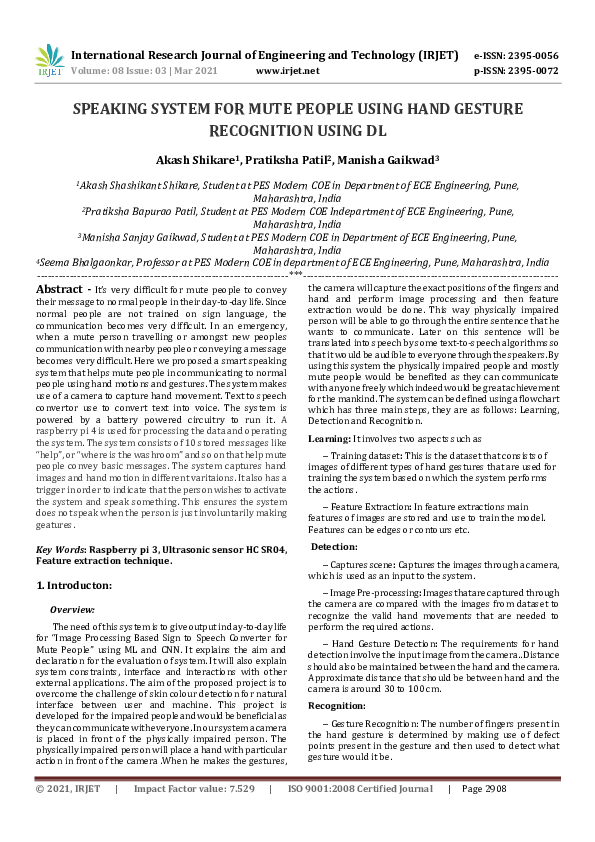 (PDF) IRJET- SPEAKING SYSTEM FOR MUTE PEOPLE USING HAND GESTURE ...