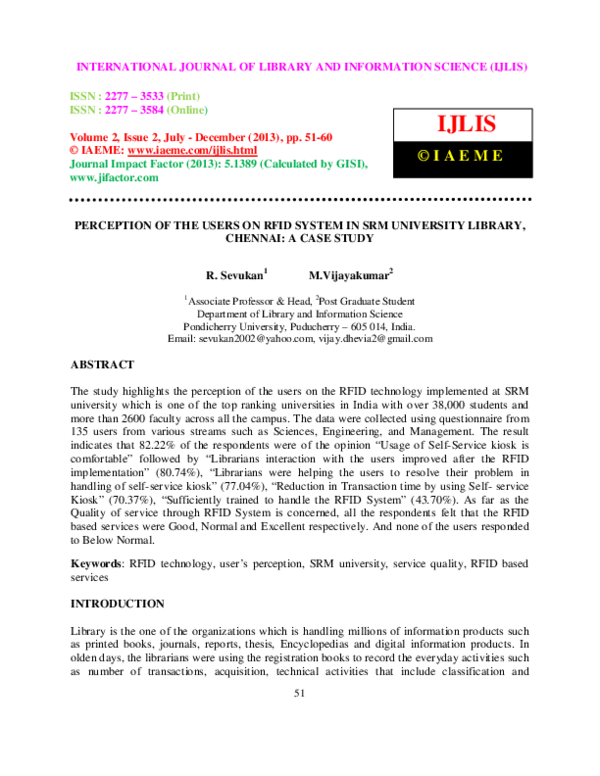 (PDF) PERCEPTION OF THE USERS ON RFID SYSTEM IN SRM UNIVERSITY LIBRARY ...